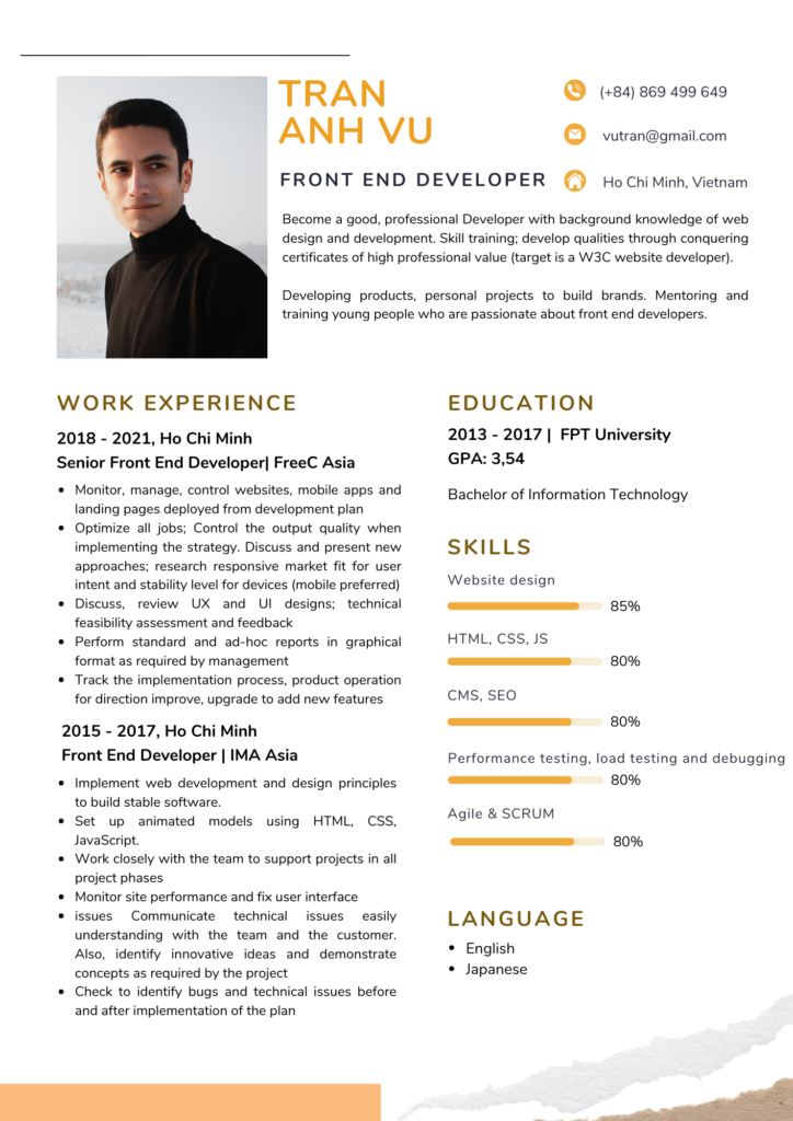 Mẫu nội dung CV Front end Developer chuẩn dành cho ứng viên - freeC Blog